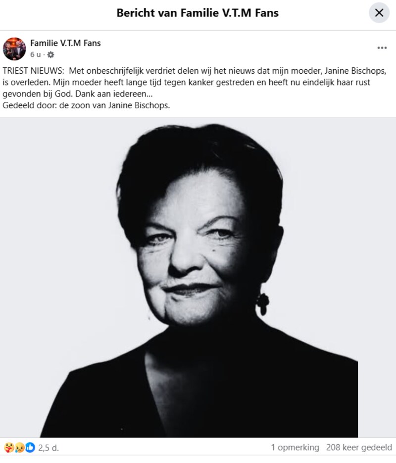 Janine Bischops (83) reageert nu ze onterecht wordt doodverklaard op ...
