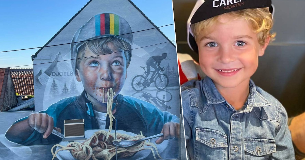 Djoels vereeuwigt guitige Vic (7) als wielervedette op muurschilderij ...