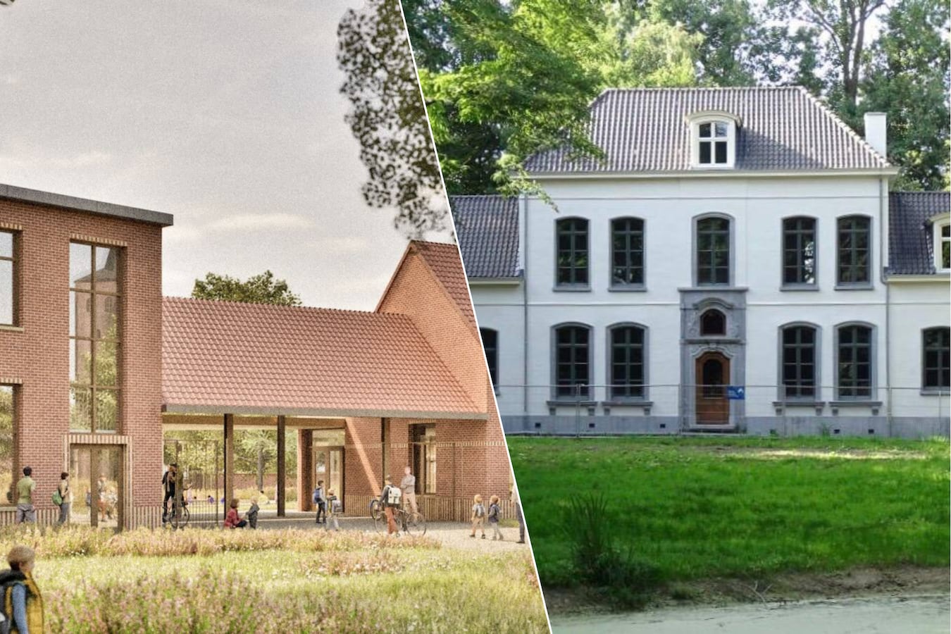 De eerste schets van de nieuwe school en de afbraak van Berkenmei ...