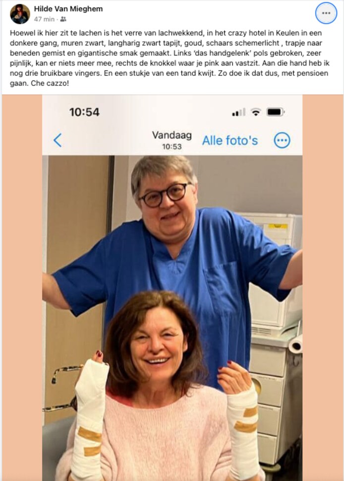 Hilde Van Mieghem in het gips na val van trapje in hotel: “Ik heb een gigantische smak gemaakt ...