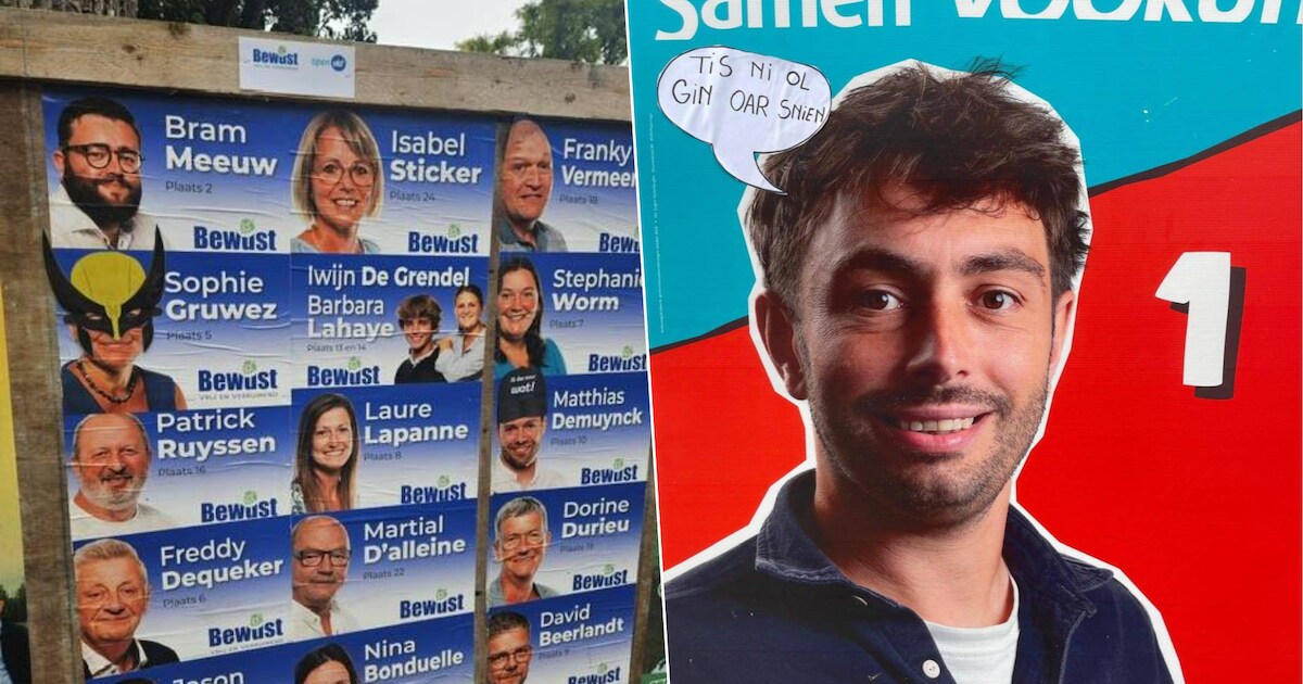 Grapjas schrijft tekstballonnetjes op verkiezingsaffiches: “De dader ...