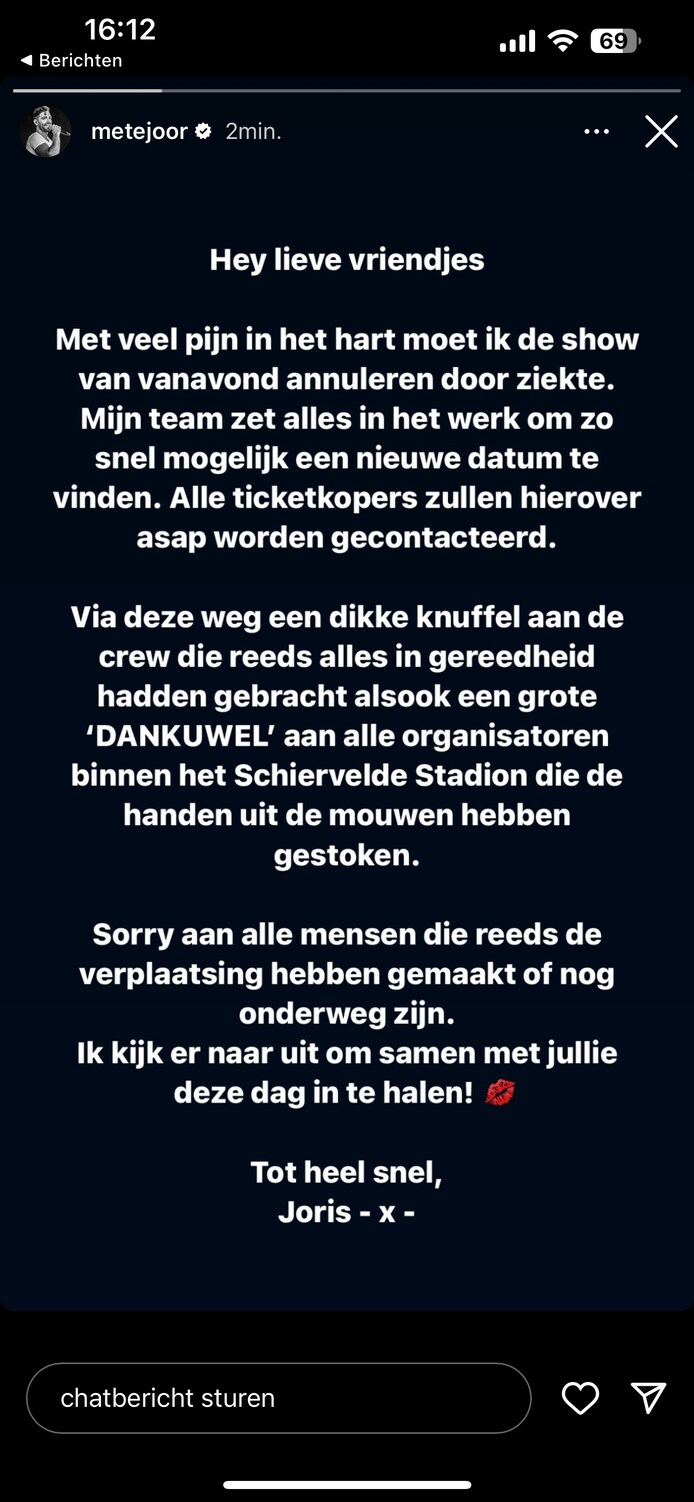 Metejoor moet optreden afzeggen wegens ziekte: “Sorry voor wie al ...