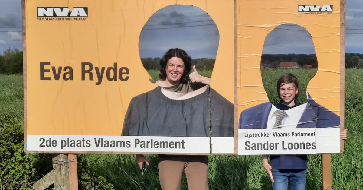Vandaal zaagt hoofd af op verkiezingsbord maar N-VA-kandidate Eva heeft ...
