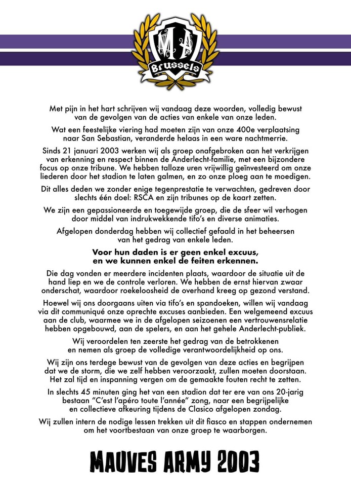 “Moeten lessen trekken uit dit fiasco”: Anderlecht-fanclub Mauves Army ...