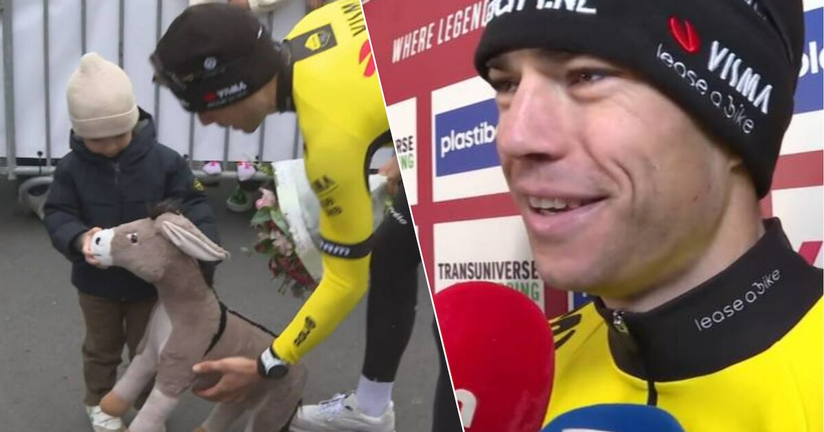 Familieman Van Aert viert zege met Sarah en Georges, die ezeltje krijgt ...