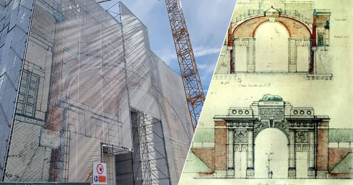 Menenpoort omhuld met originele schets architect Reginald Blomfield ...