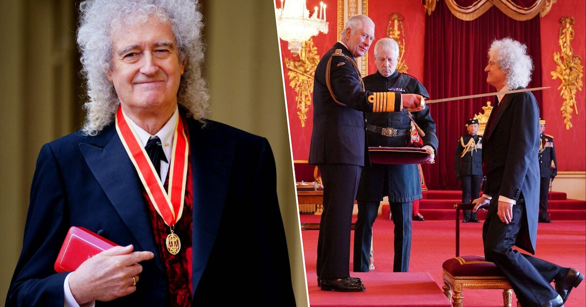 Queen-gitarist Brian May geridderd door koning Charles in Buckingham ...