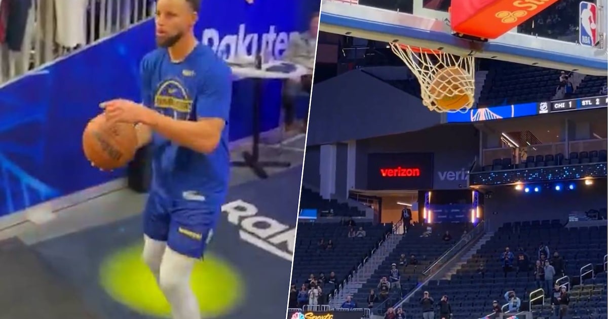 KIJK. Pure waanzin: Stephen Curry scoort met spectaculair shot vanuit ...