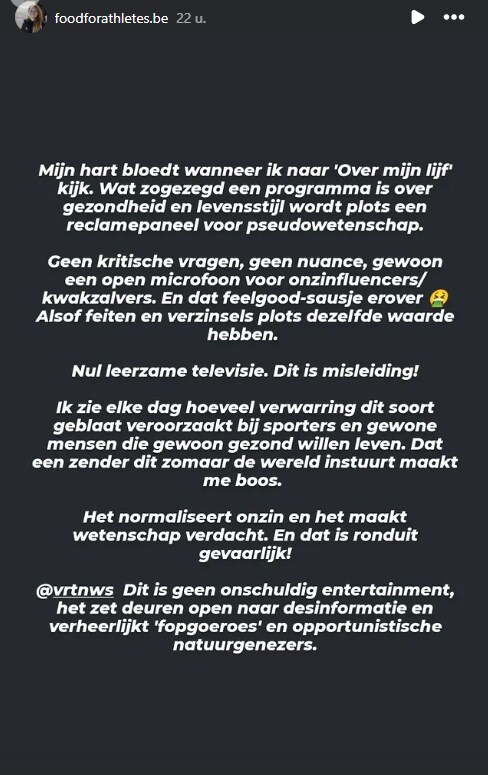 VRT-programma ‘Over mijn lijf’ meteen onder vuur na extreem dieet Kobe ...