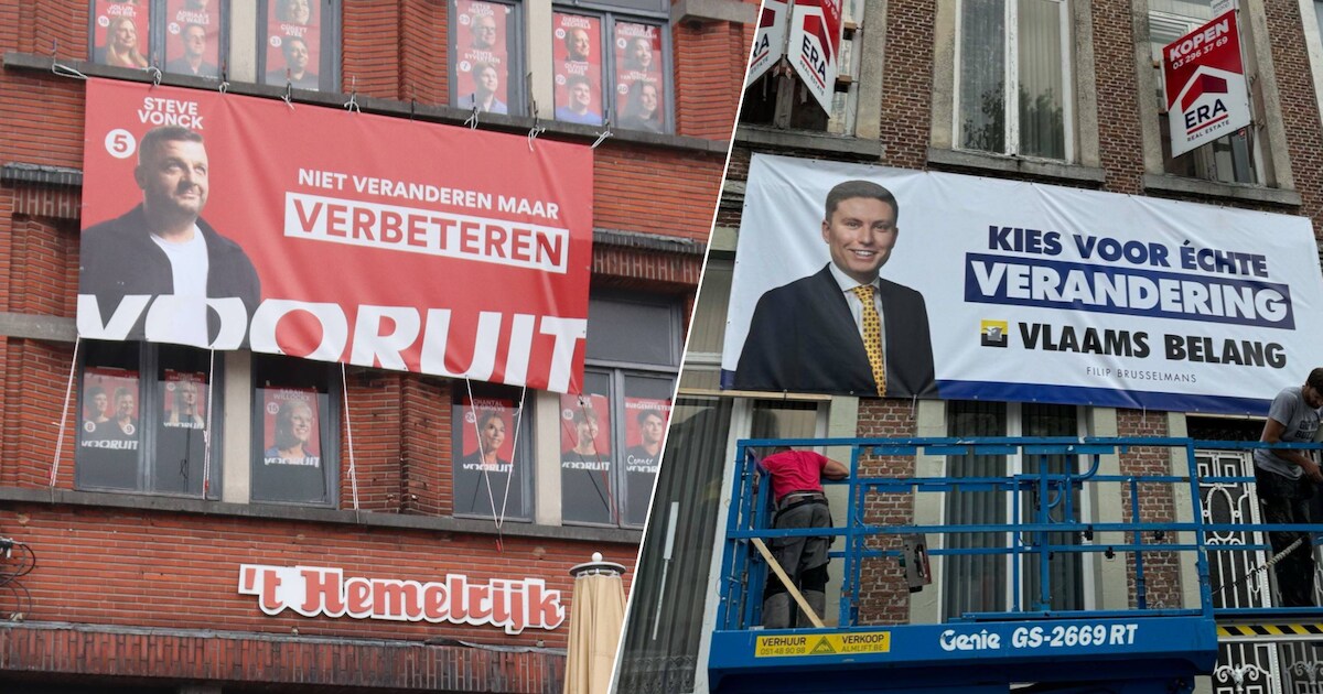 Vlaams Belang hangt grote banner vlak naast Vooruit-café Hemelrijk op ...
