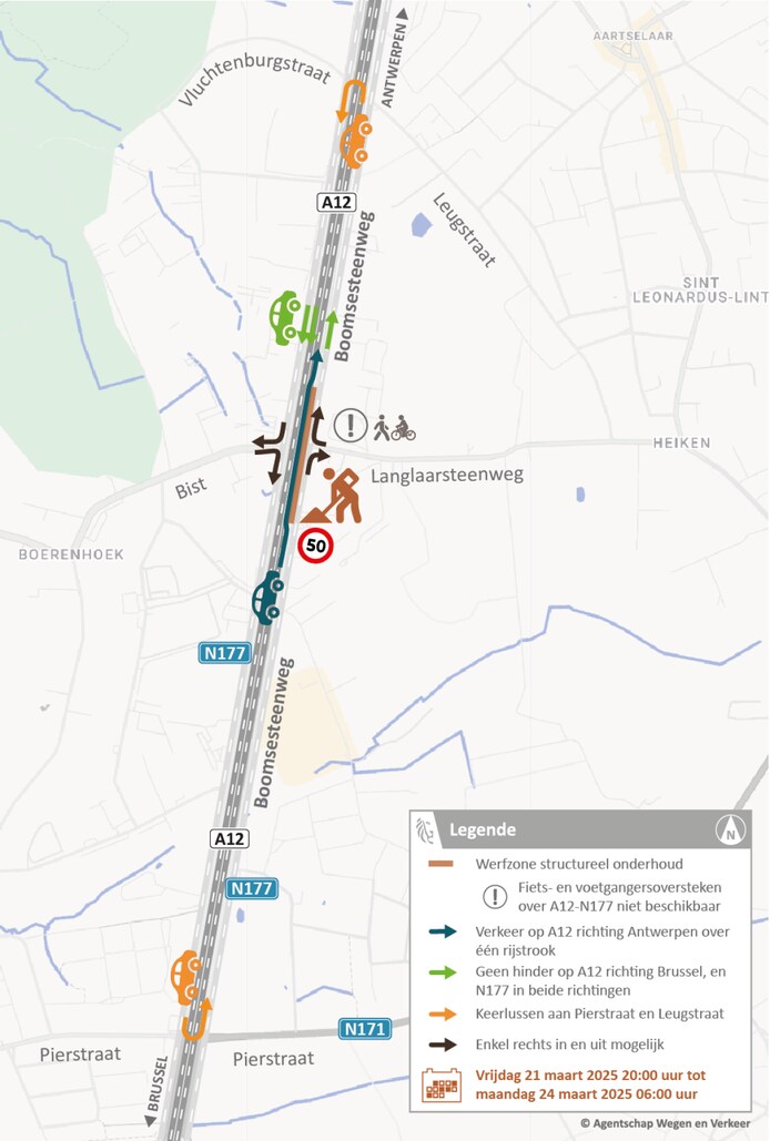 Weekendhinder voorzien voor Aartselaars verkeer vanwege wegenwerken aan A12, vooral richting ...