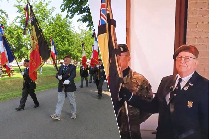 Marc (73) draagt vaandel Brigade Piron tijdens uitvaart Freddy Willockx ...