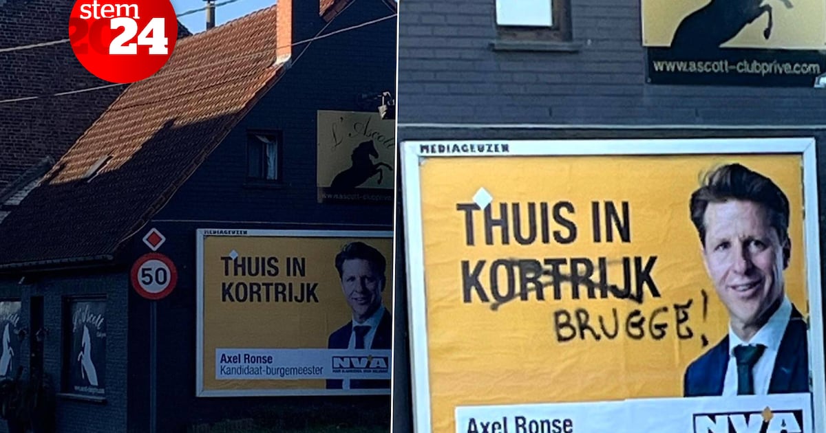 Verkiezingsbord van ‘Bruggeling’ Axel Ronse beklad, aan seksclub in ...
