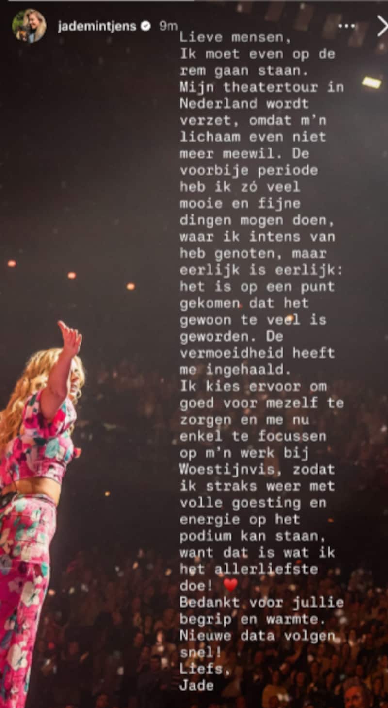 Jade Mintjens stelt theatertour uit omdat haar lichaam even niet meewil ...