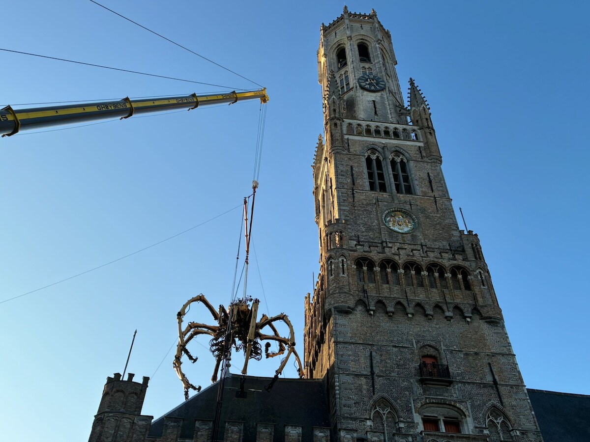 KIJK. Brugge ontwaakt met reuzenspin op het Belfort: “Het lijkt hier ...