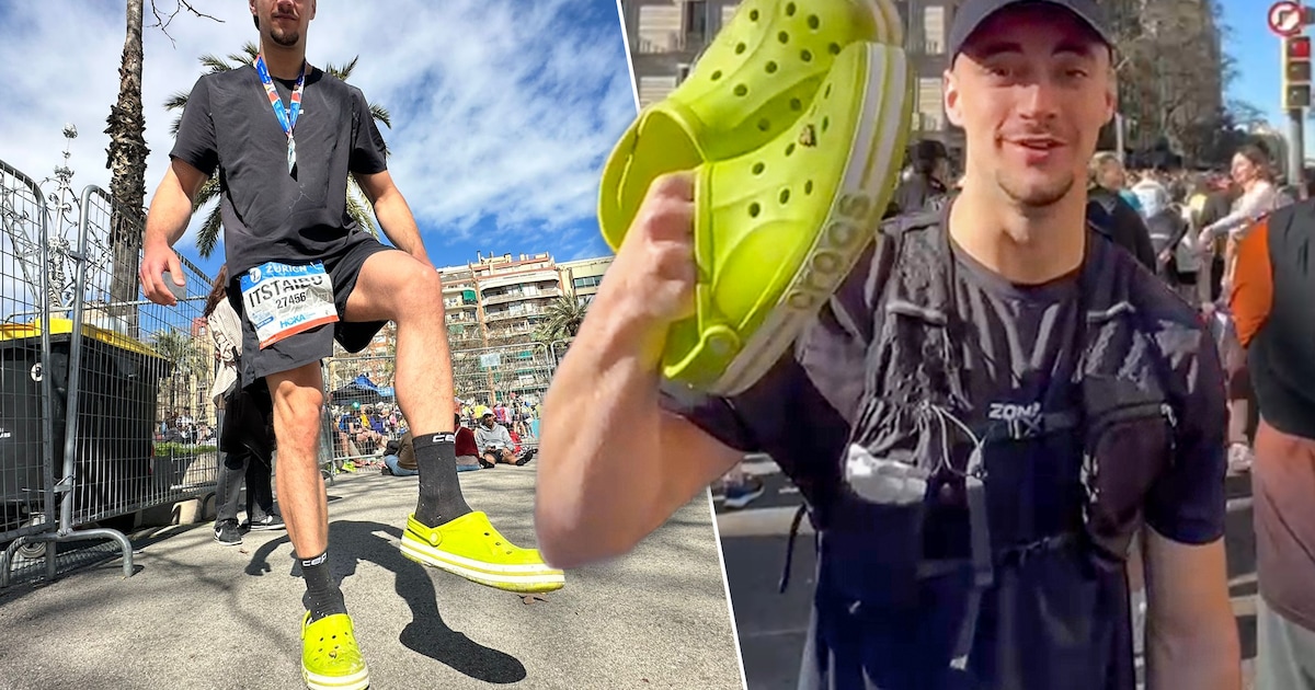 Vlaming Taibo (23) loopt marathon van Barcelona uit op... Crocs: “Wie ...