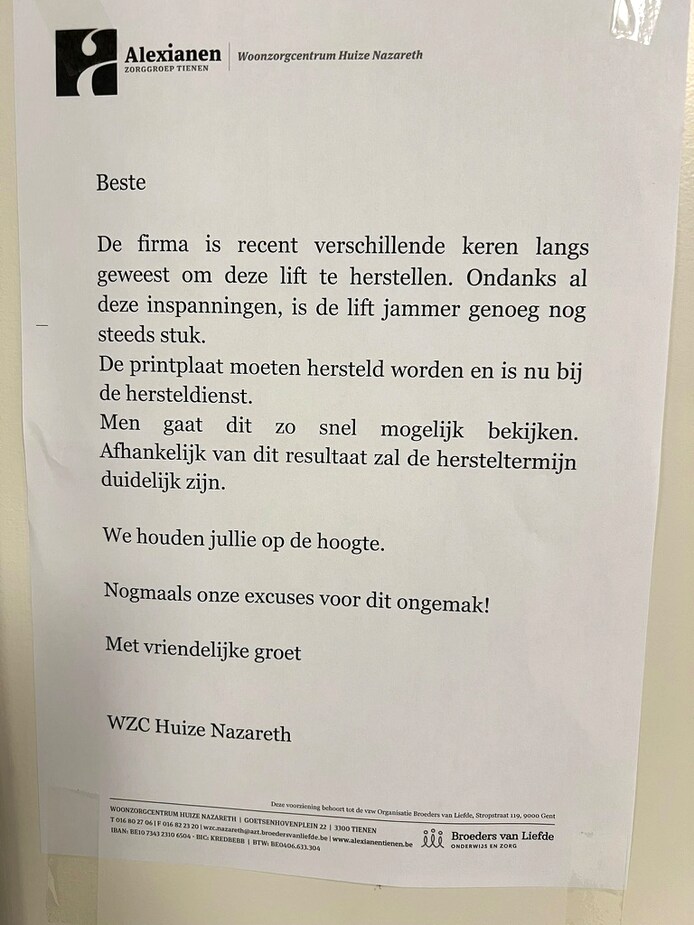 Bewoners rusthuis in Tienen al drie weken ‘gegijzeld’ door defecte lift ...