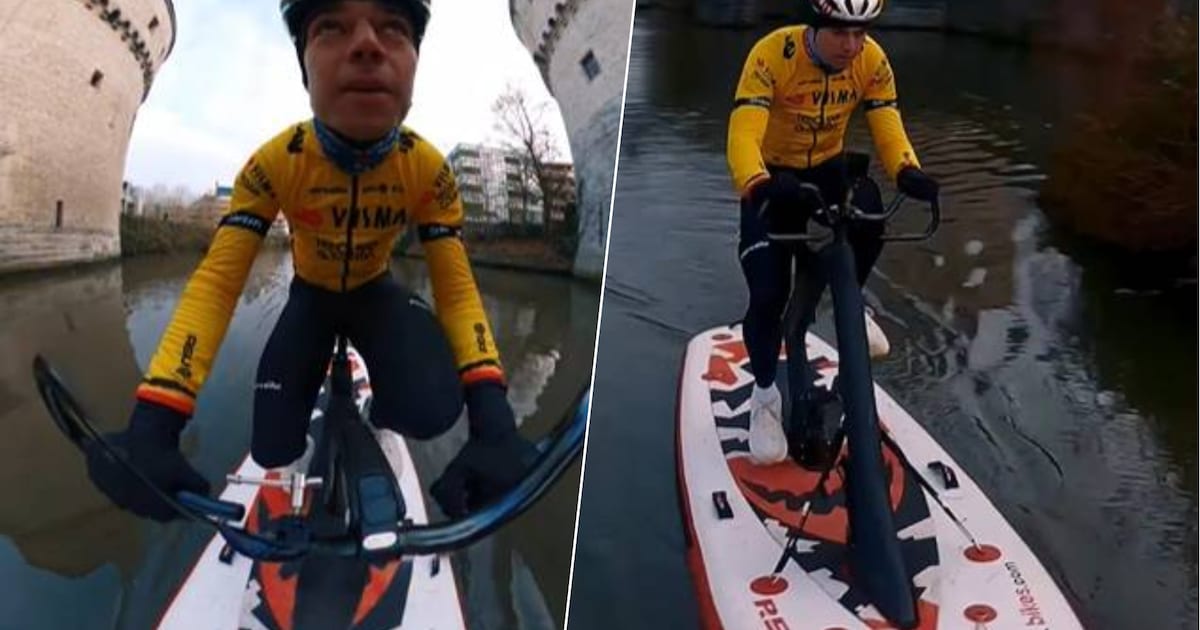Opvallende beelden: plots fietst Wout van Aert rond op het water in ...
