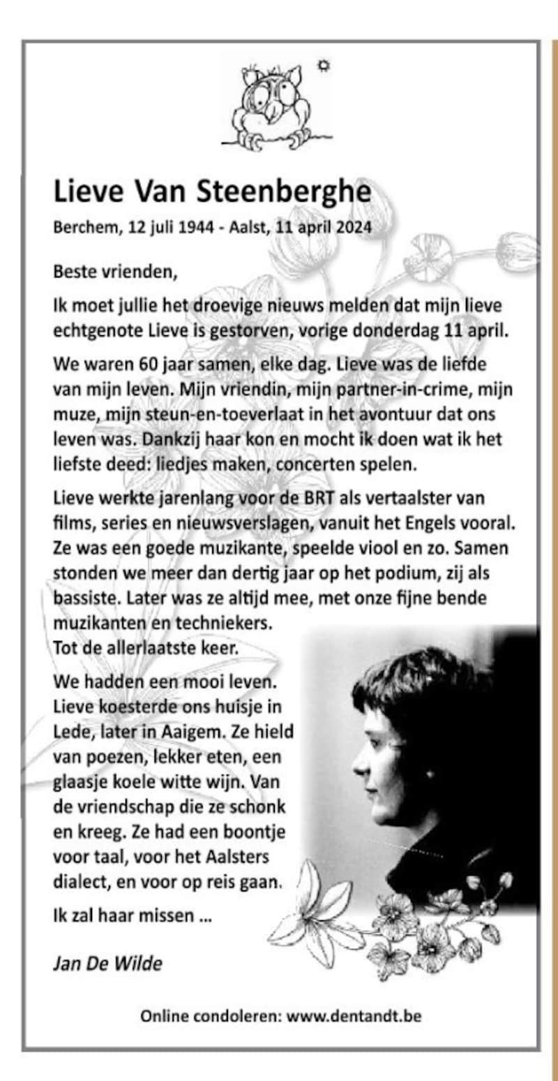 Kleinkunstenaar Jan De Wilde (80) neemt met aangrijpende brief afscheid ...