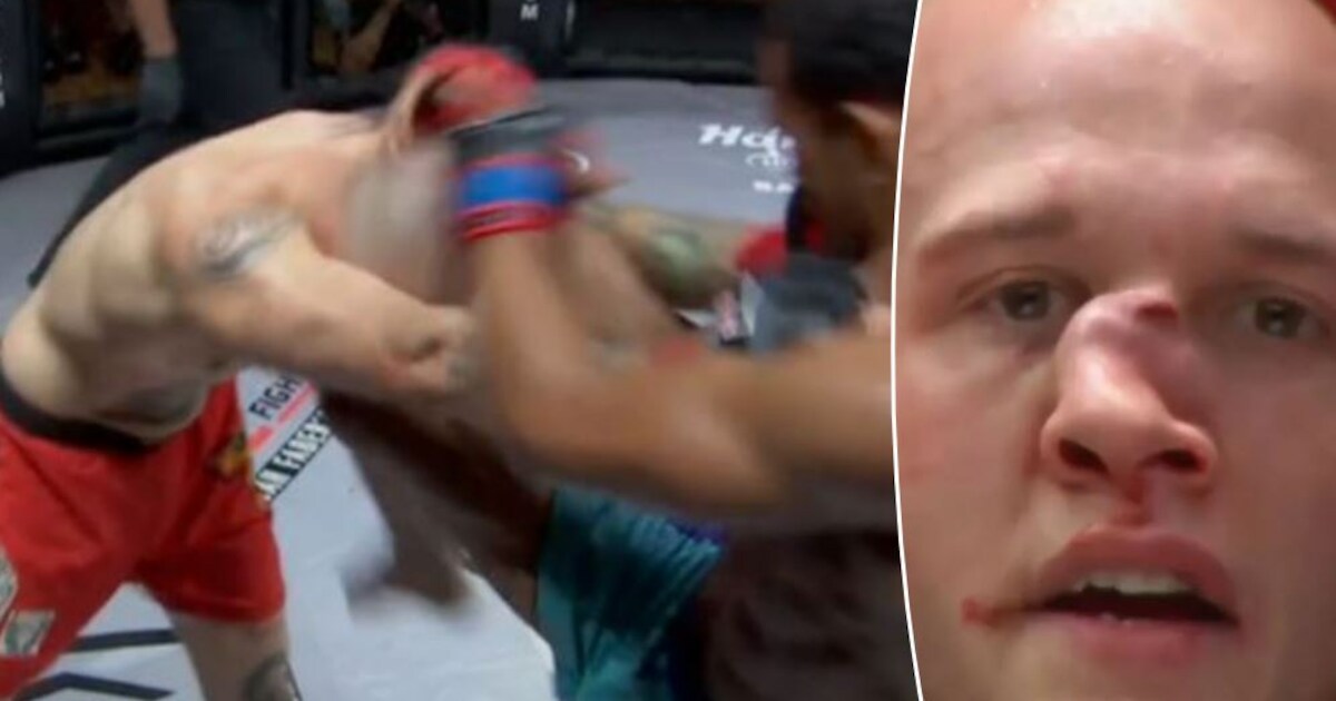 MMA-vechter loopt na kniestoot in het gezicht een verschrikkelijk ...