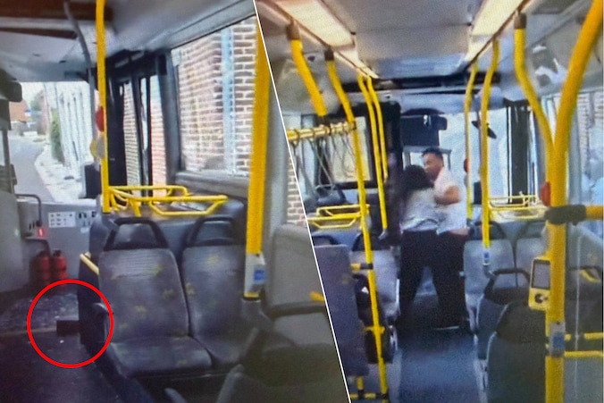 Beelden tonen hoe furieuze jonge vrouw baksteen door ruit van lijnbus ...