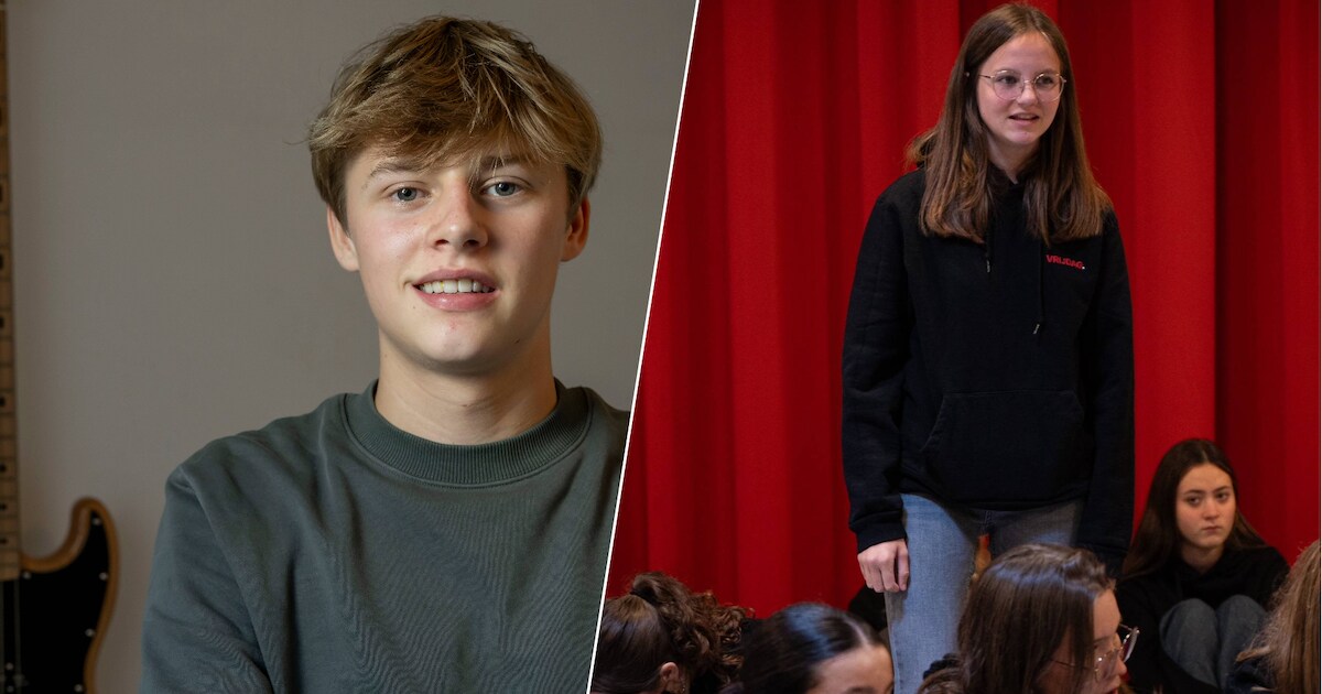 Senne (16) en Yuna (14) staan op podium tijdens musical over ...