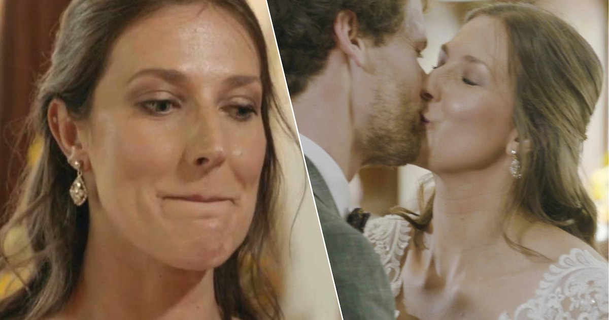 Emotionele Karlien hapt naar adem wanneer ze haar bruidegom voor het ...