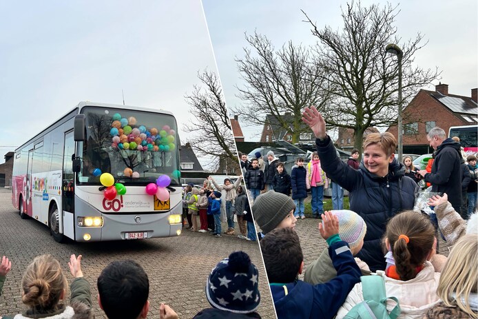 Leerlingen van basisschool De Toekomst in Avelgem nemen afscheid van busbegeleidster Dorine (63 ...