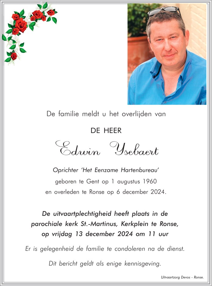 Uitvaart van Edwin Ysebaert vindt vrijdag plaats in Ronse na onverwacht ...